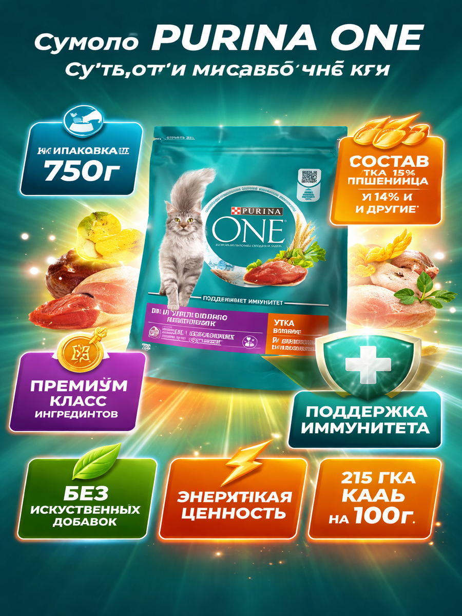 Корм для кошек Purina One сухой с уткой и печенью, 750г