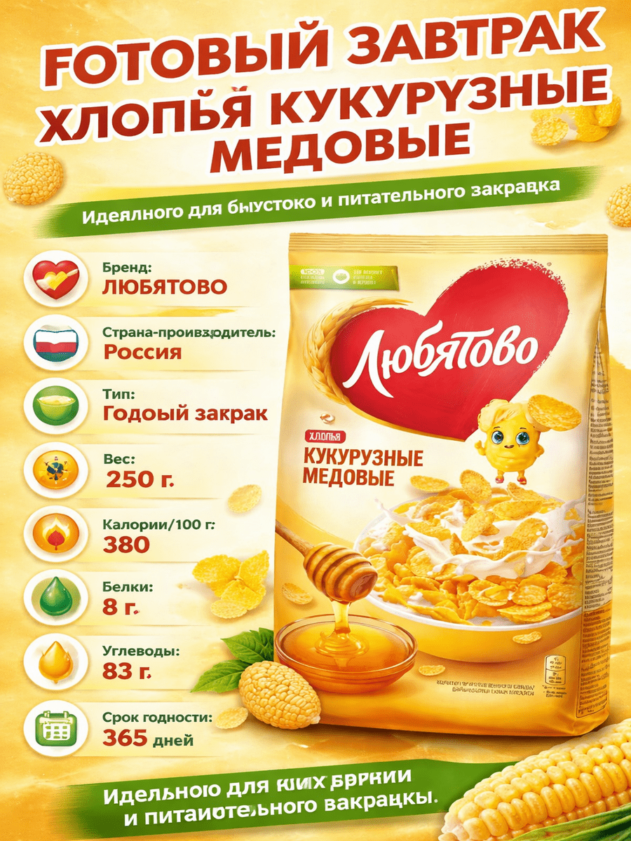 Готовый завтрак Любятово Хлопья кукурузные медовые, 250г