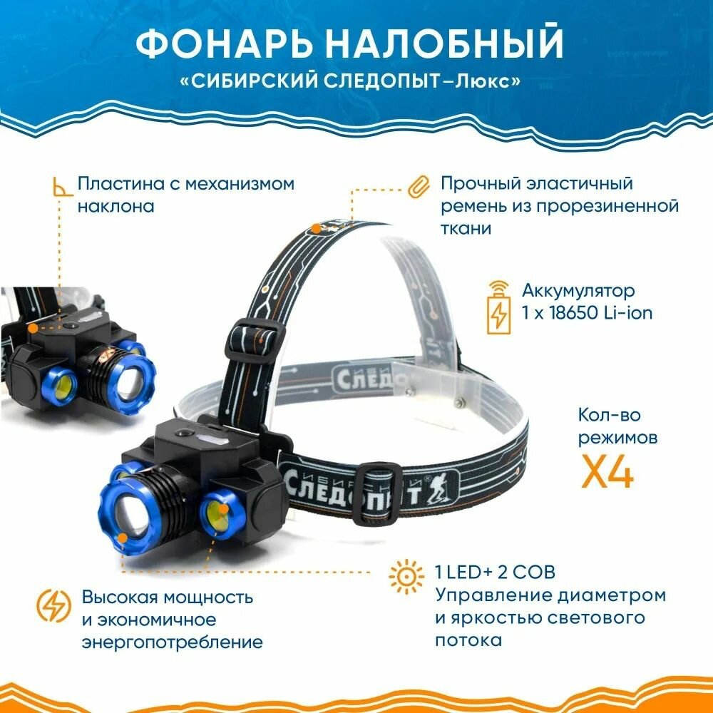 Фонарь налобный "сибирский следопыт-люкс", 1 LED + 2 COB, zoom, аккум. 220В, USB