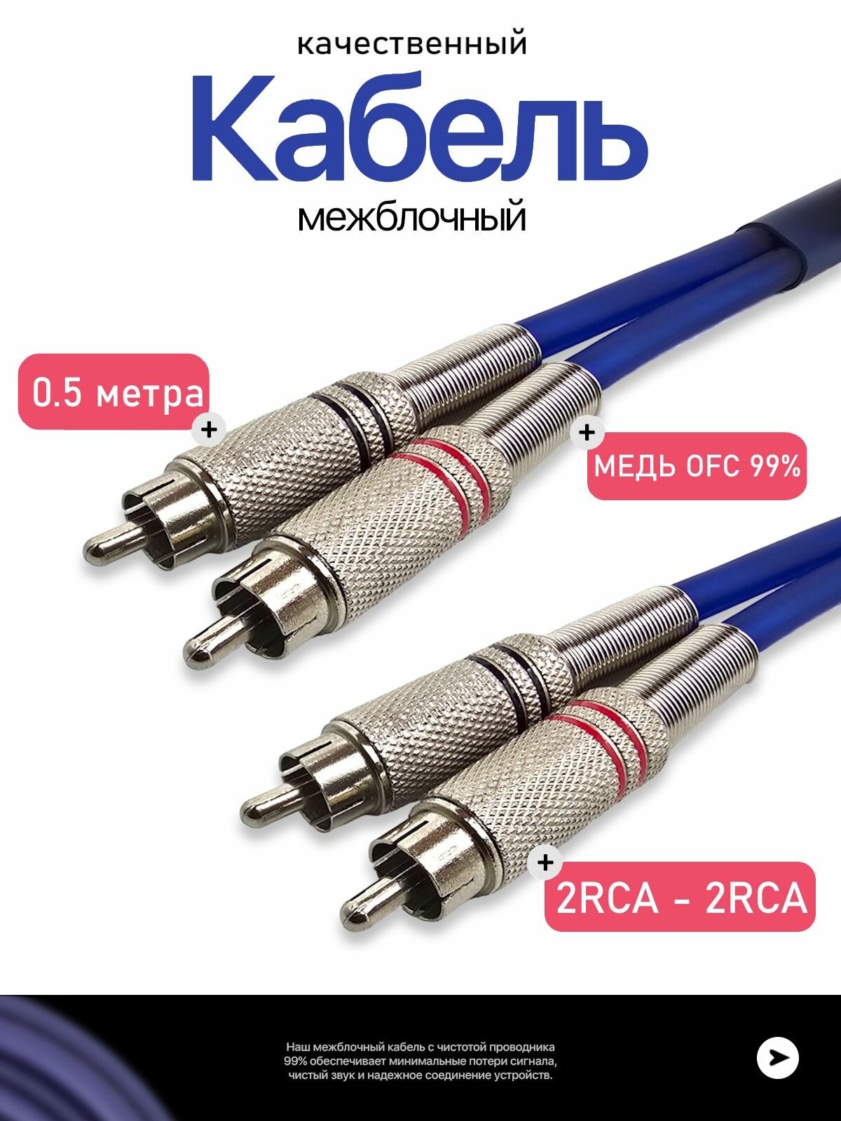 Кабель межблочный 2RCA-2RCA, длина 0.5м, пружина антизалом, OFC медь, экранированный, синий, ART-16