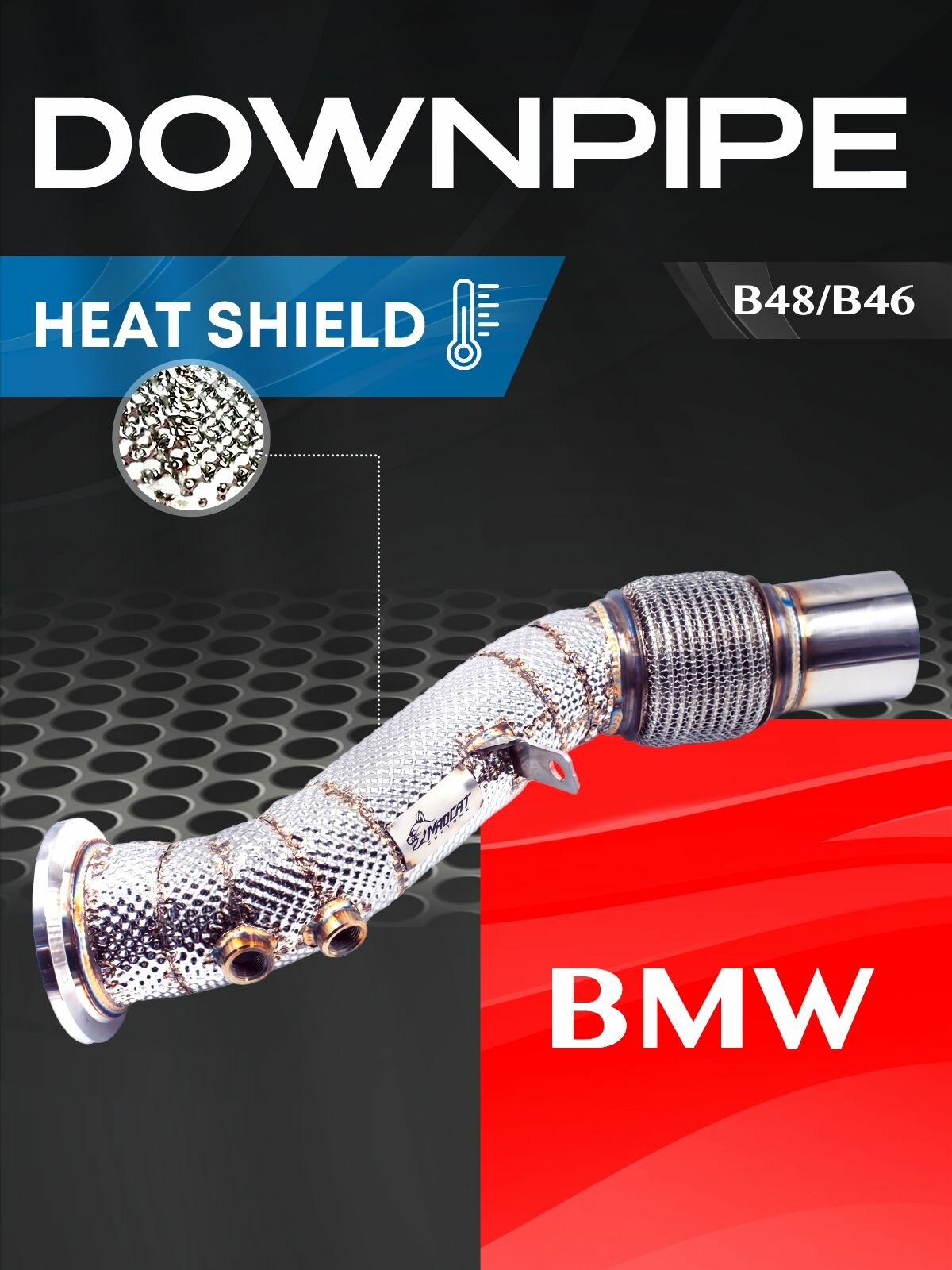 Даунпайп BMW B48 нержавеющая сталь AISI 304 с Heat Shield, для версий с OPF (G01/G02/G20/G30/F22/F30/F32)