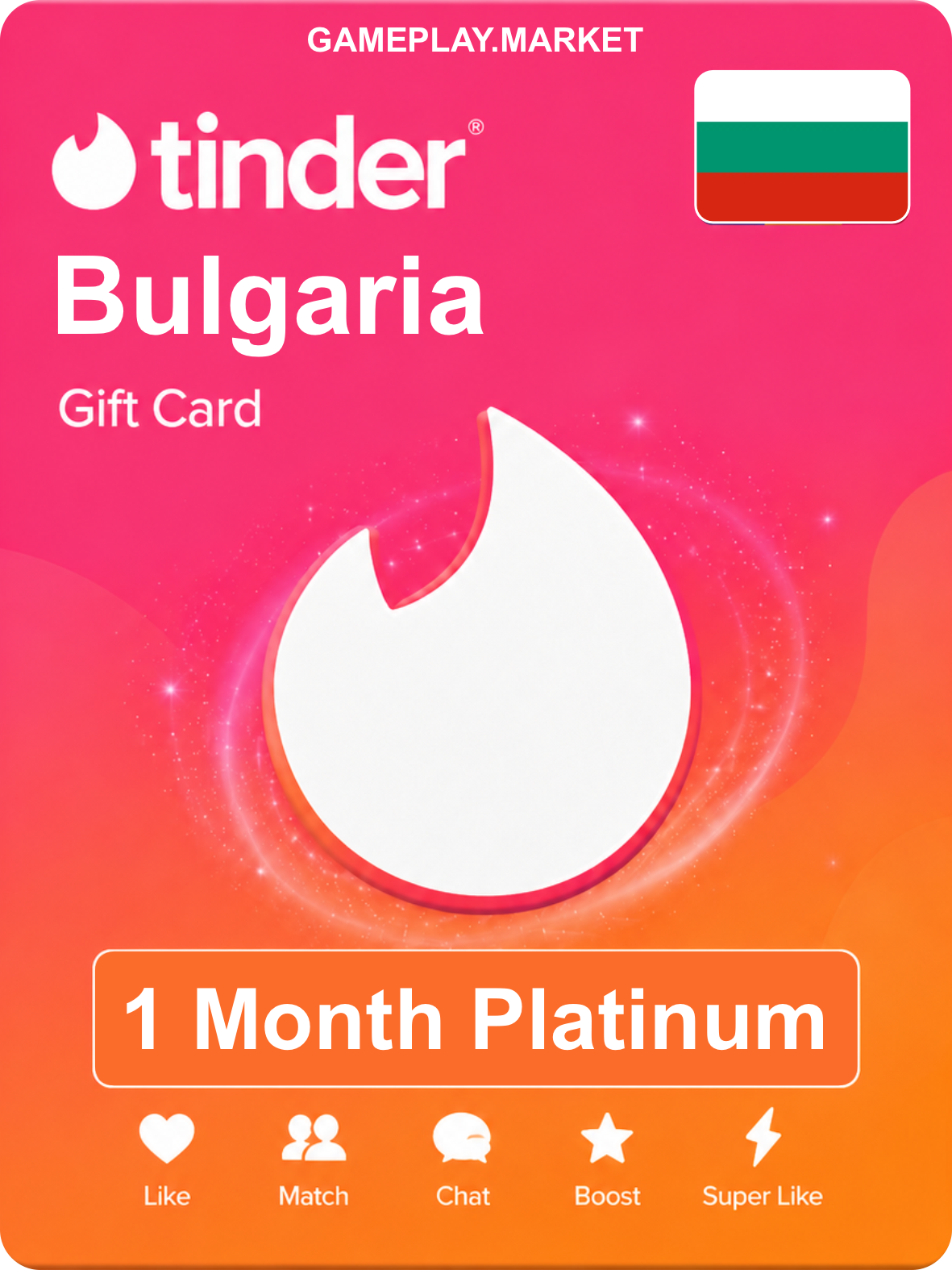Подарочная карта Tinder Platinum 1 месяц подписки / Для аккаунта Болгарии / Оригинальный цифровой код
