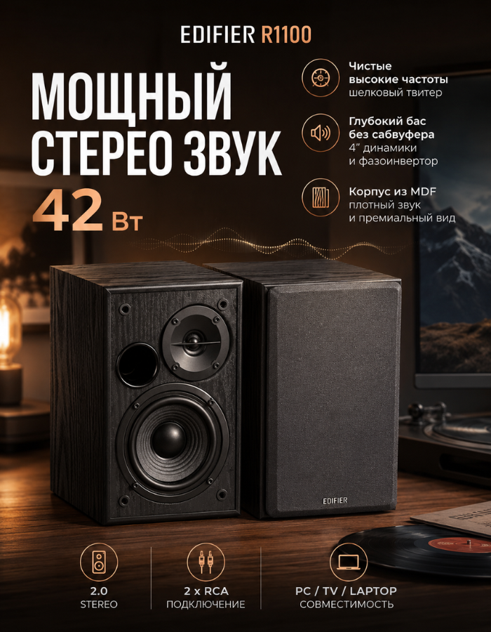Компьютерная акустика Edifier R1100, Black, полочная, 2.0, фазоинверторный тип