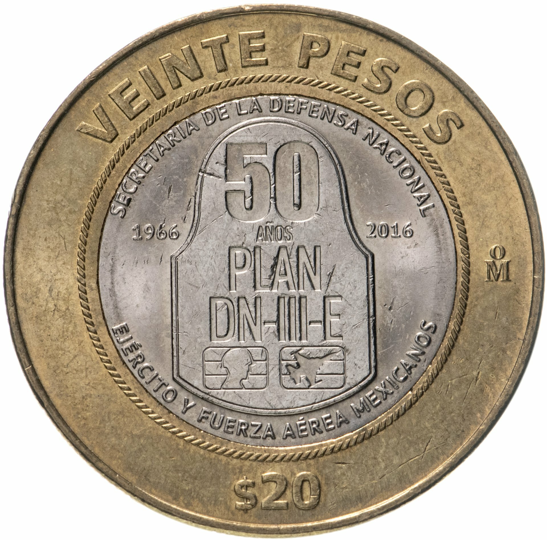 Мексика 20 песо pesos 2016 "50 лет действия Плана DN-III-E", Биметалл, в сохранности UNC