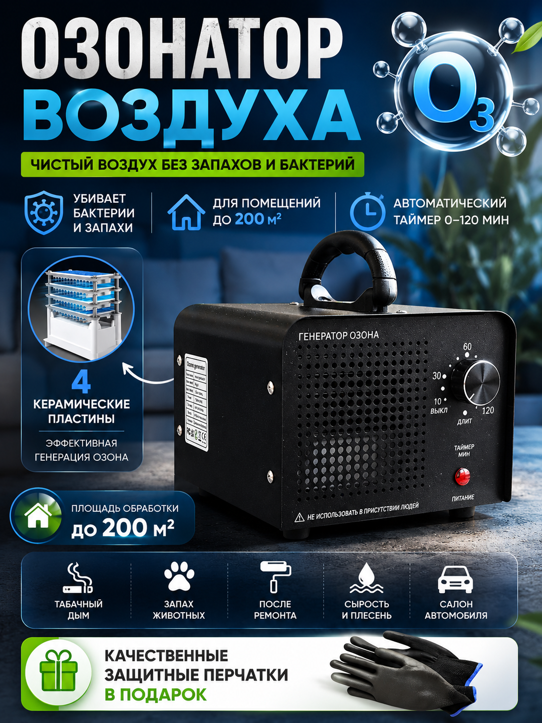 Озонатор-ионизатор, для дезинфекции, 60г/ч, для помещений, 200м2, черный
