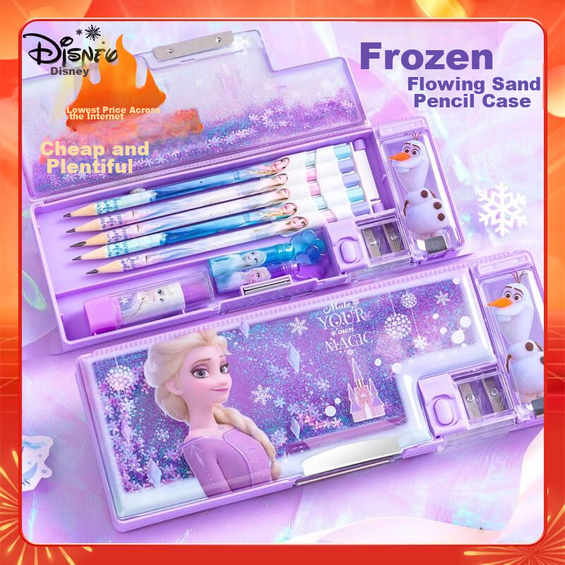 Disney Sand Art Pencil Case, Girls' Children's Elementary School Student Multifunctional Plastic Pencil Case, Double-Layer Pencil Pouch, School Supplies, Elsa Princess DM28845F2