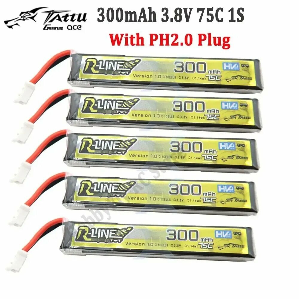 Аккумулятор 5PCS TATTU 300mAh 3.8V 1S 75C 1S Lipo Battey With BT2.0/ PH2.0 Plug