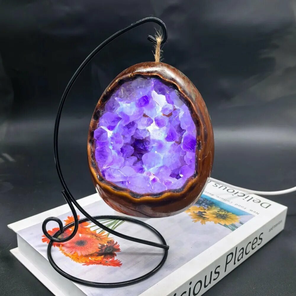 Ночник из натурального аметиста (светящийся жеод), USB, для релаксации и медитации, уютная атмосфера