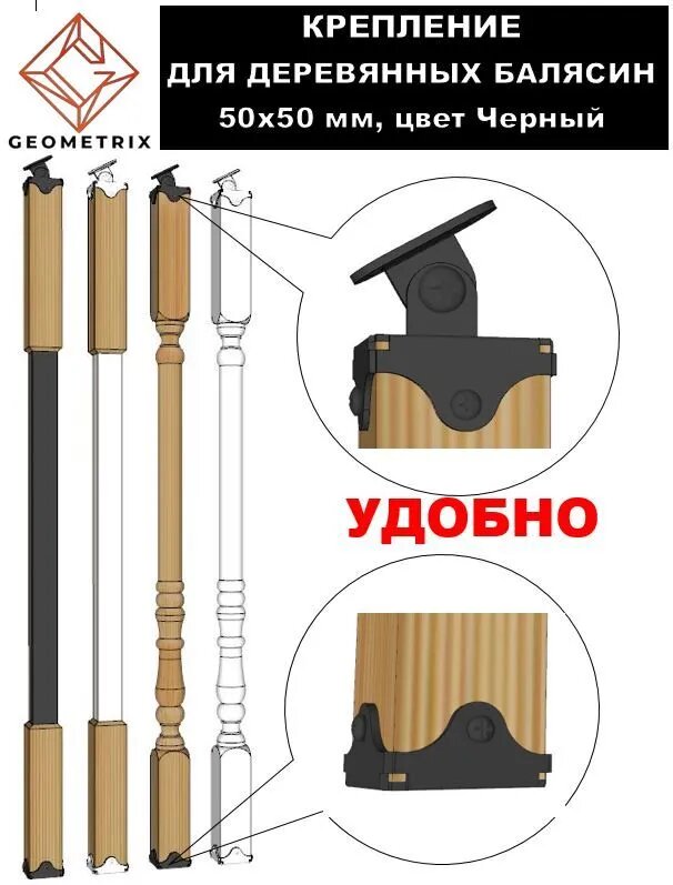 Крепление, наконечник для деревянной балясины 50х50, металлическое, цвет черный