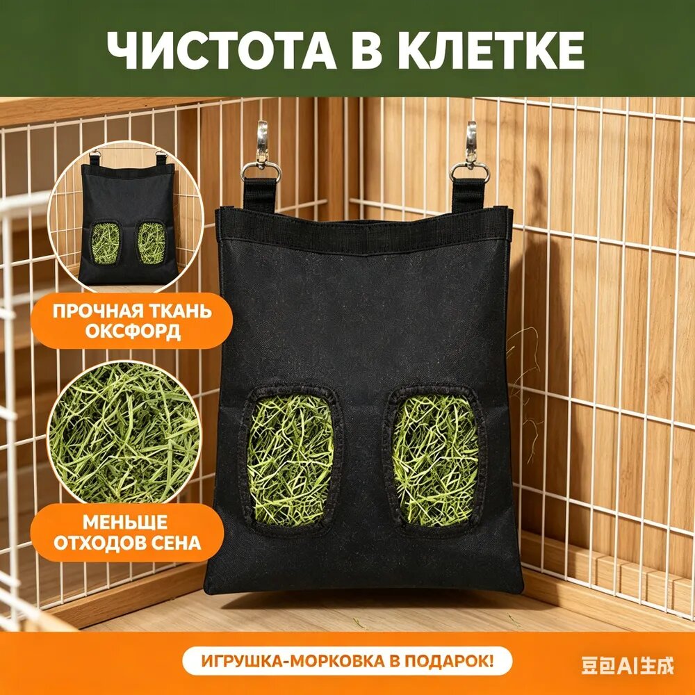 Сенник для кроликов и морских свинок, сумка-кормушка для сена подвесная в клетку, аксессуар для грызунов из ткани Оксфорд, черный