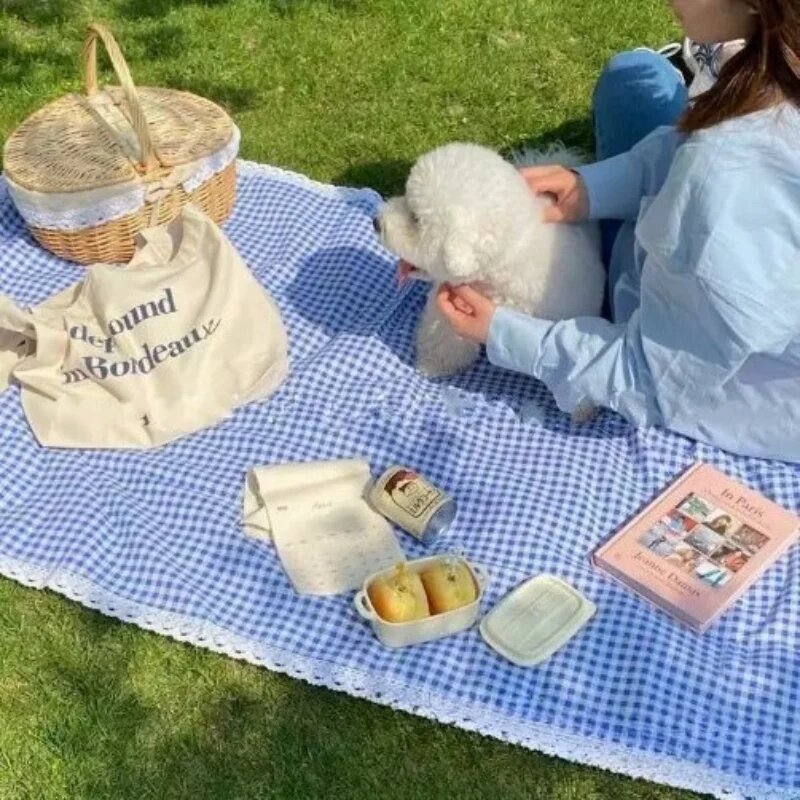 Синий клетчатый пикниковый коврик из хлопка