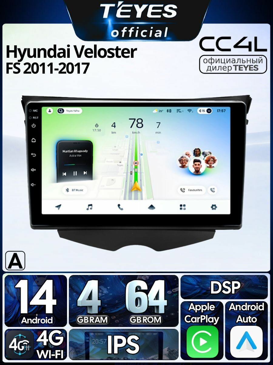 Магнитола Hyundai Veloster FS 2011-2017 (Комплектация A) Teyes CC4L 4/64GB, штатная магнитола, IPS, DSP,4G, Wi-Fi