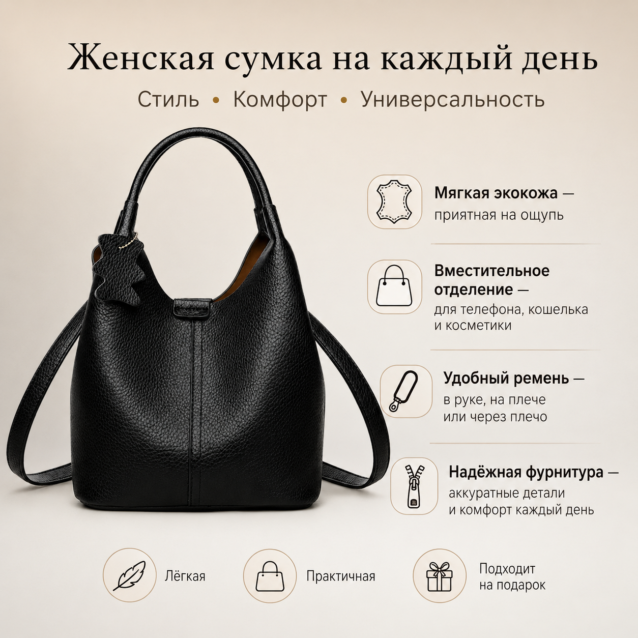 Сумка женская через плечо из мягкой экокожи, маленькая, черная, французский стиль
