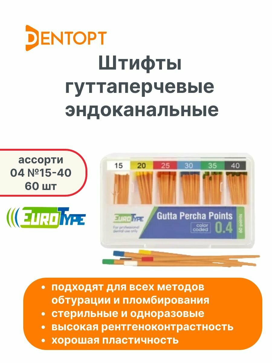 Штифты гуттаперчевые эндоканальные конус ассорти 04 №15-40 (60 шт) EuroType