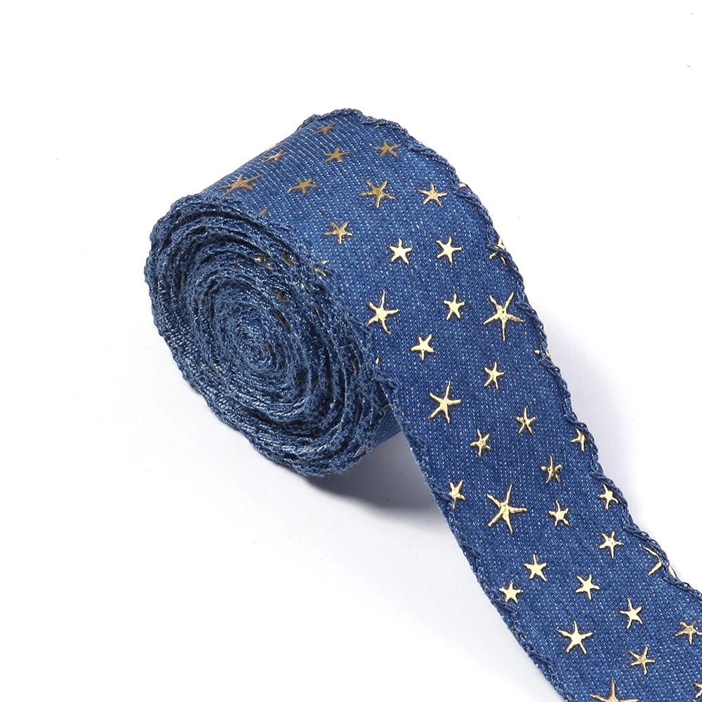 Джинсовая лента с блестками 25/40 мм Stars Navy Blue, 40mm 3yards