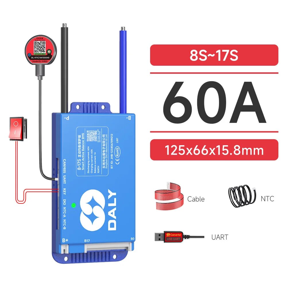 Активный балансир Daly Smart Active BMS для LiFePO4 4S/8S/16S 24В/12В/48В 8S-17S 60A WIFI BMS