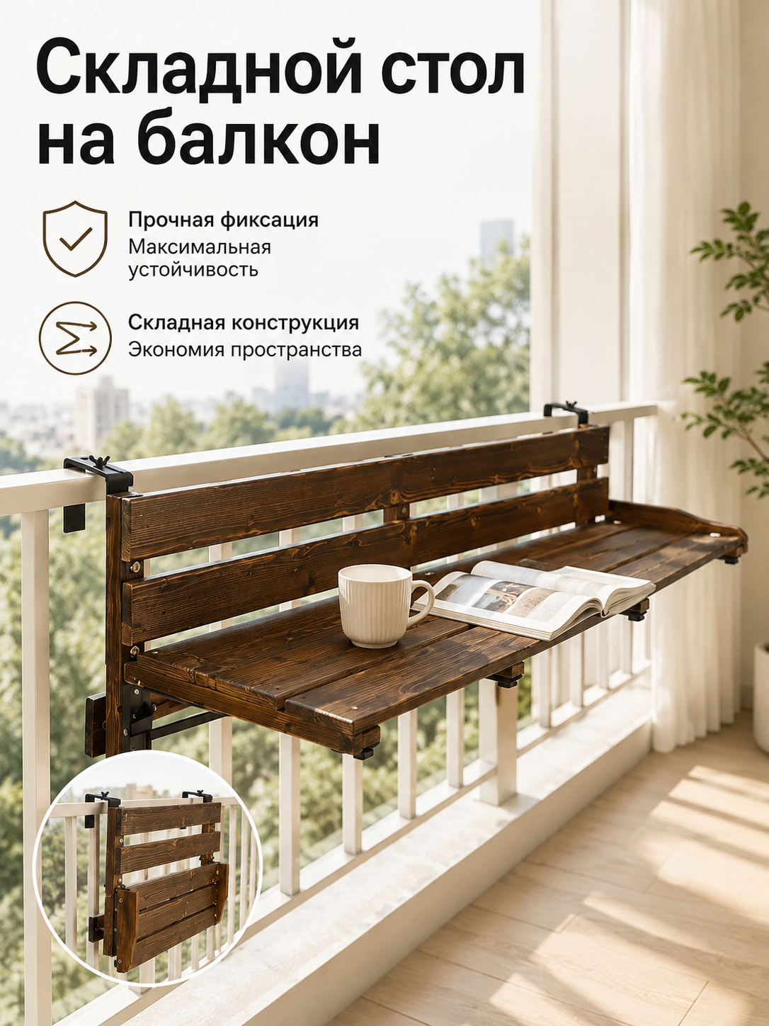 Складная этажерка из термодревесины 120 см, тёмная, прочная, до 125 кг