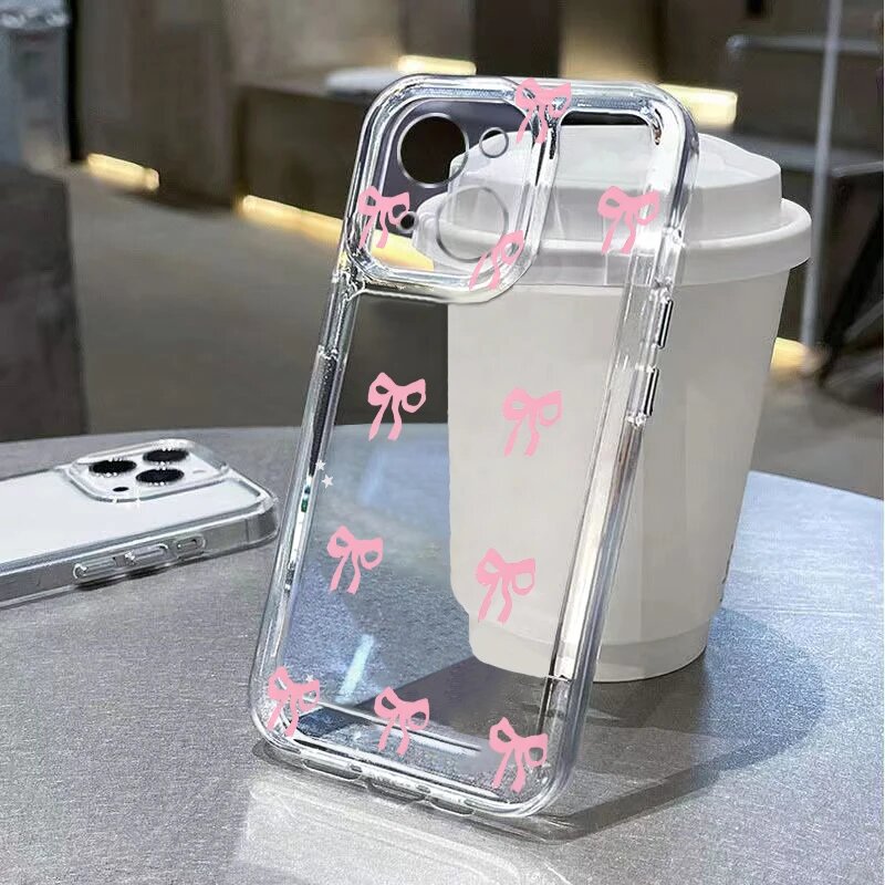 Розовый чехол для iPhone 15 с бантиками, прозрачный