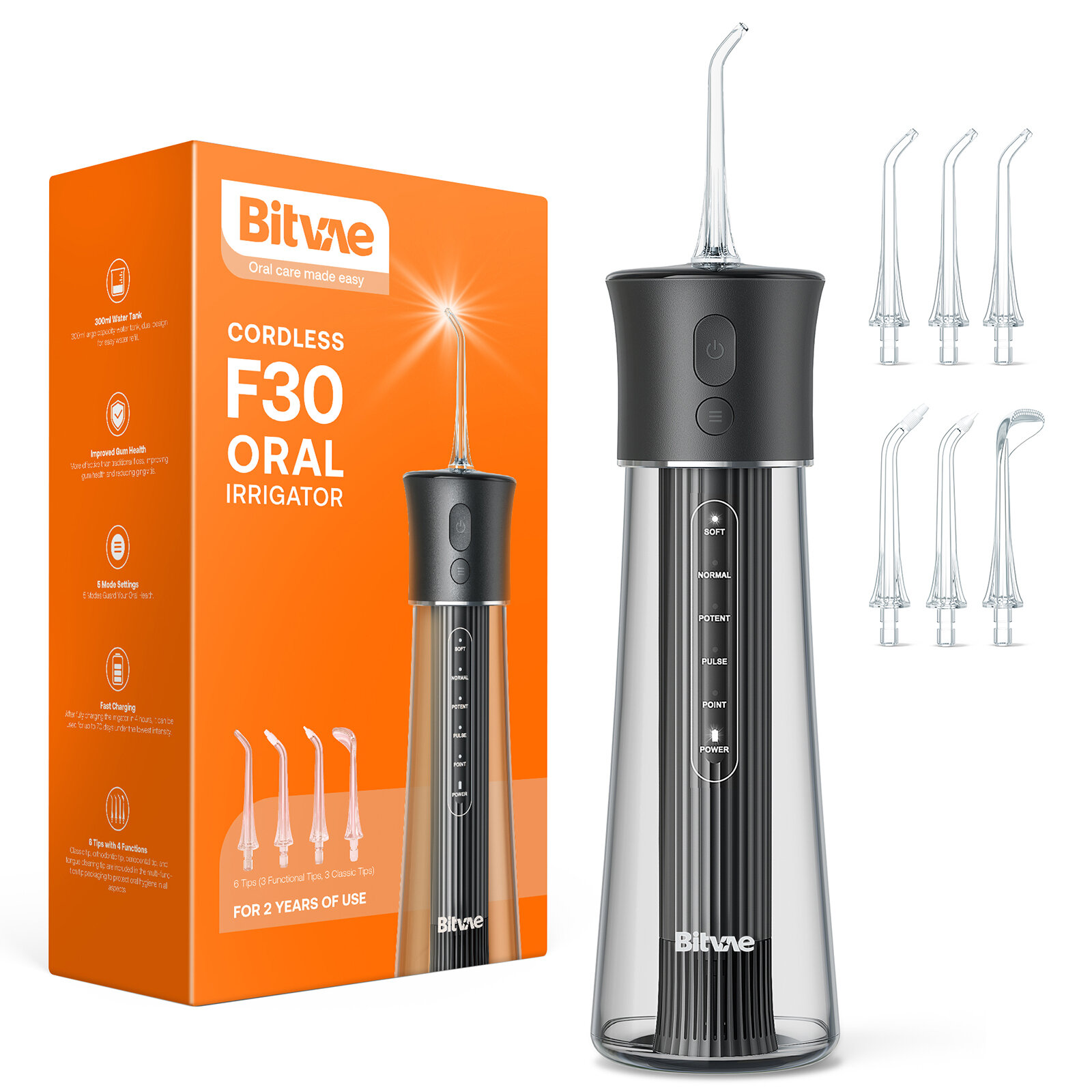 Беспроводной ирригатор для полости рта Water Dental Flosser IPX7 водонепроницаемый USB заряжаемый уборщик для зубов Water Dental Picks 5 режимов 6 насадок для чистки зубов 300ml черный белый 23.5*13*7.9cm 572g