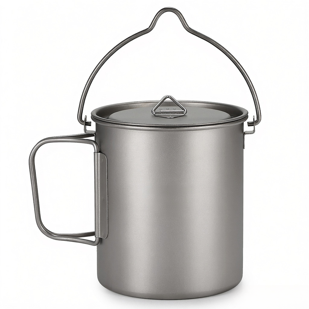 Кружка для воды из титана Ultralight 750ml с крышкой и складным ручкой, портативная кастрюля для приготовления пищи в открытом воздухе, кемпинга и пикника, объем 750ml, материал титан, размеры 100*110мм, вес 128г, комплект включает 1 кастрюлю и 1 сумку