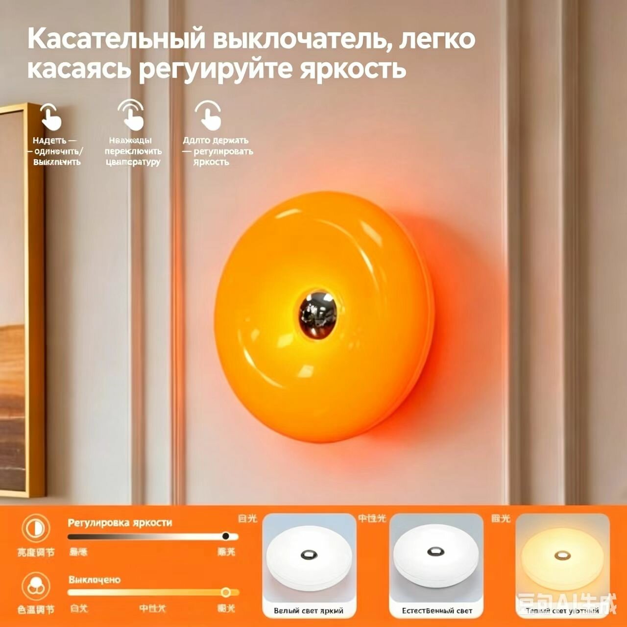 Круглая оранжевая атмосферная лампа с регулируемой яркостью для украшения стен в спальне, диаметр 23 см