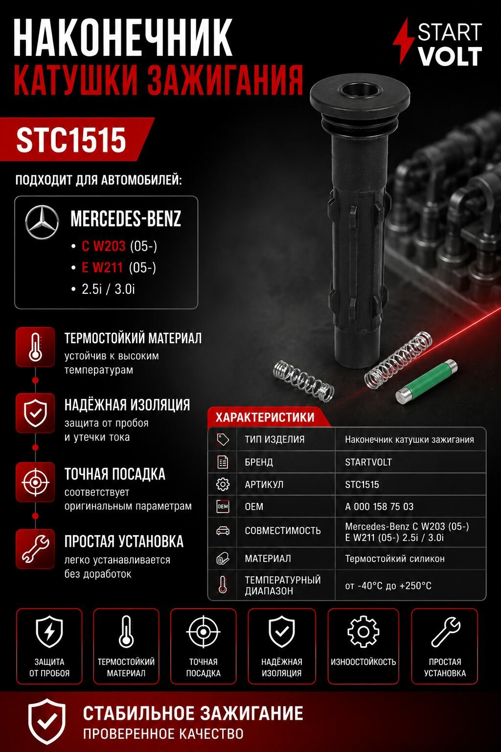 Наконечник катушки зажигания STC1515 для Mercedes-Benz C W203 и E W211, аналог A2721590142