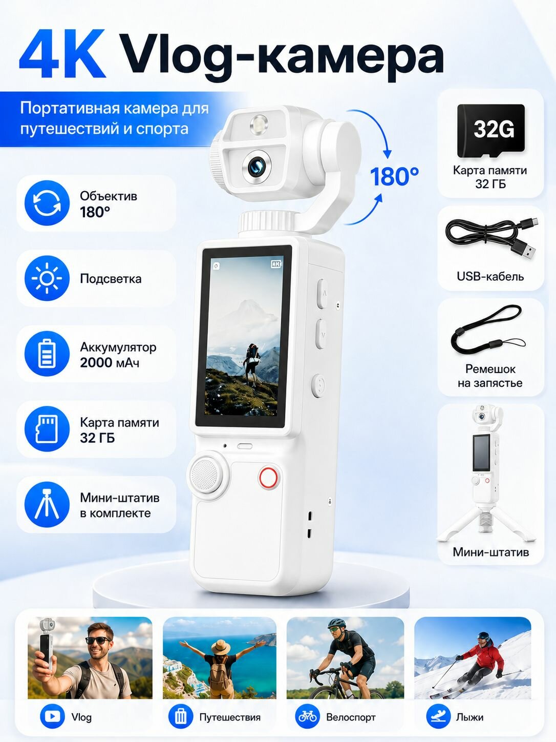 4K ультра HD экшн-камера для Vlog с 180 поворотным объективом, 5MP камера с подсветкой, аккумулятор 2000mAh, 32GB карта памяти, штатив, для путешествий, велоспорта, лыж