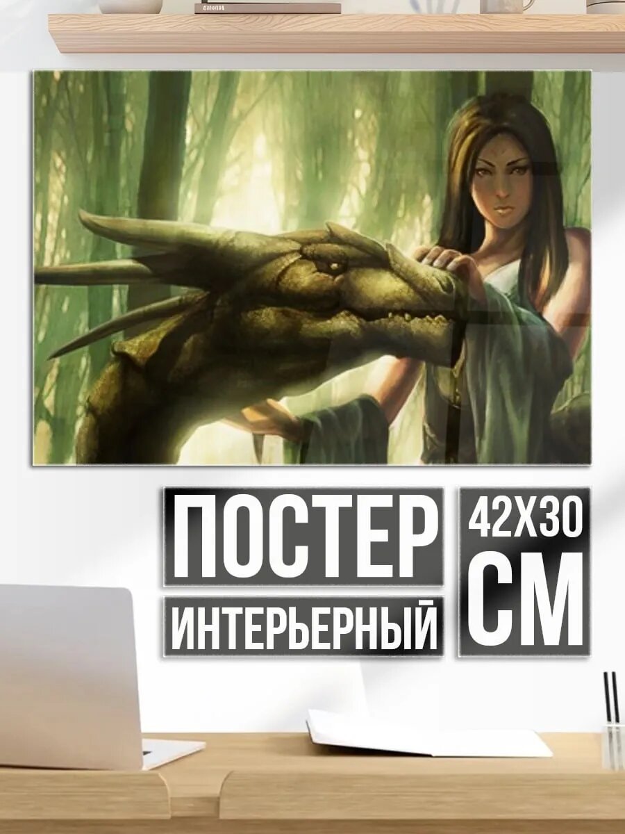 Плакат постер девушка с драконом