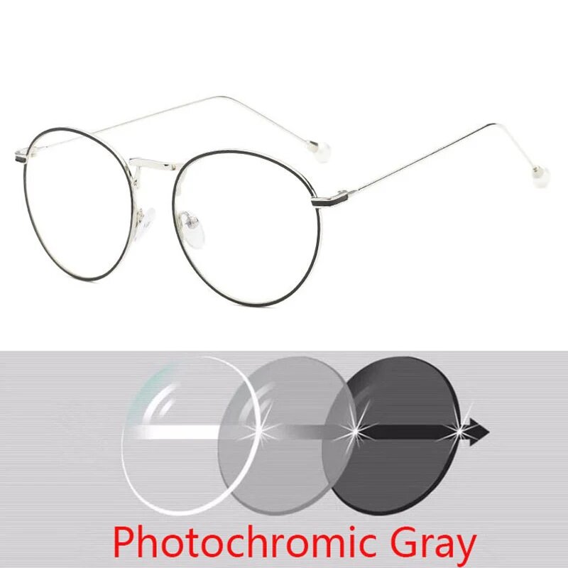 Женские круглые очки BINSYSU для близорукости black silver gray, Серый, customize