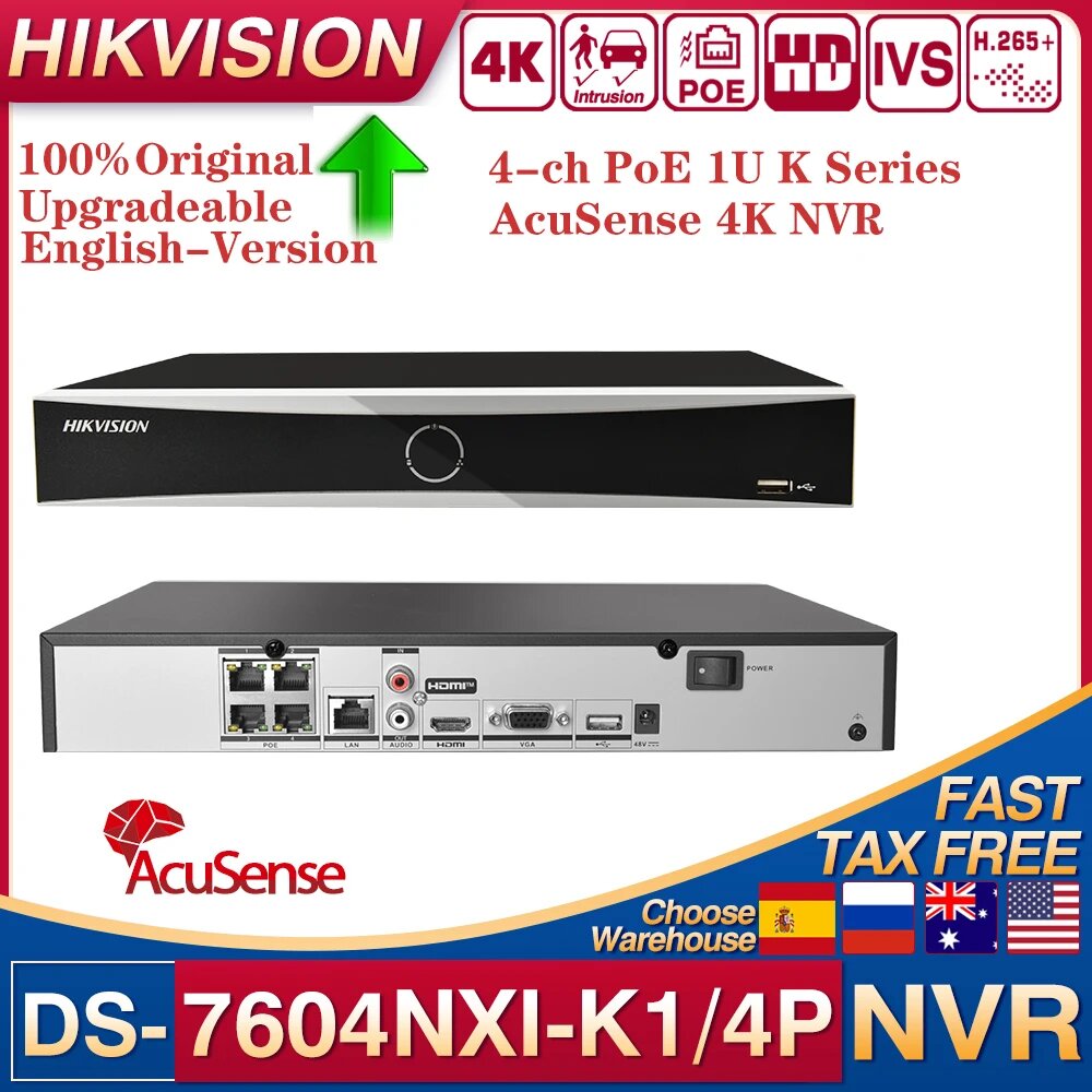 Оригинальный Hikvision DS-7604NXI-K1/4P 4-канальный PoE 1U NVR серии K AcuSense 4K для IP-камер видеонаблюдения CCTV