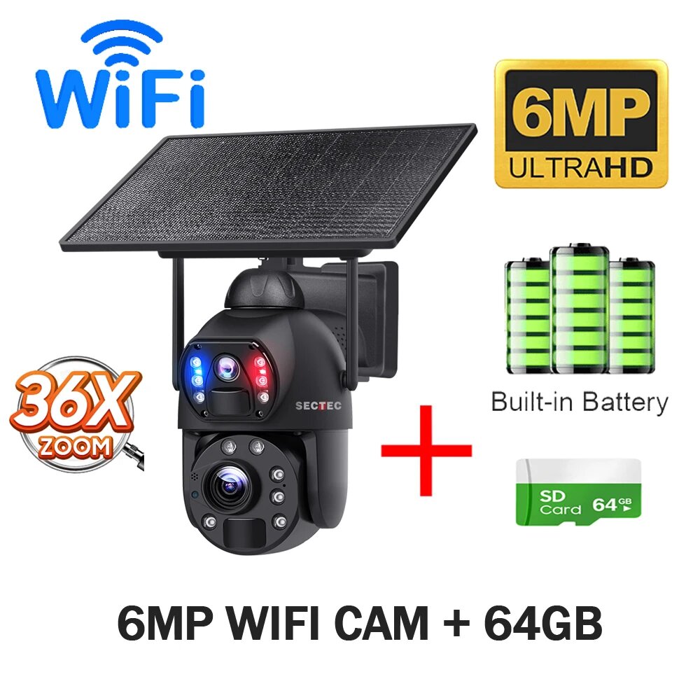 SECTEC 6MP 36X Зум Двойной обзор WIFI Солнечная батарейная камера 4G Солнечная камера для наружного наблюдения PTZ Камера Солнечные камеры