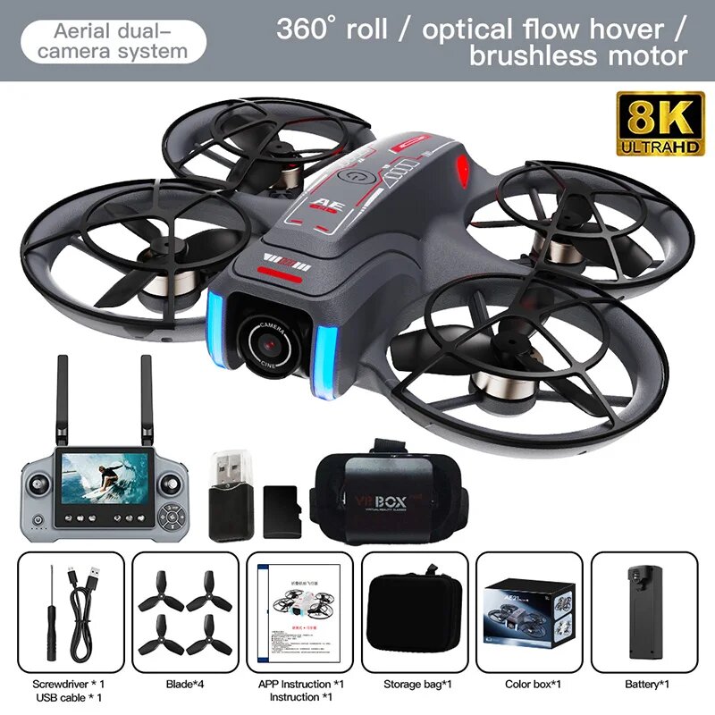 Дрон AE21 с камерой 8K HD мини-беспилотник RC квадрокоптер с пультом управления FPV с экраном 4,3 дюйма, бесшумный мотор для аэрофотографии, влога, игрушки для детей, подарка