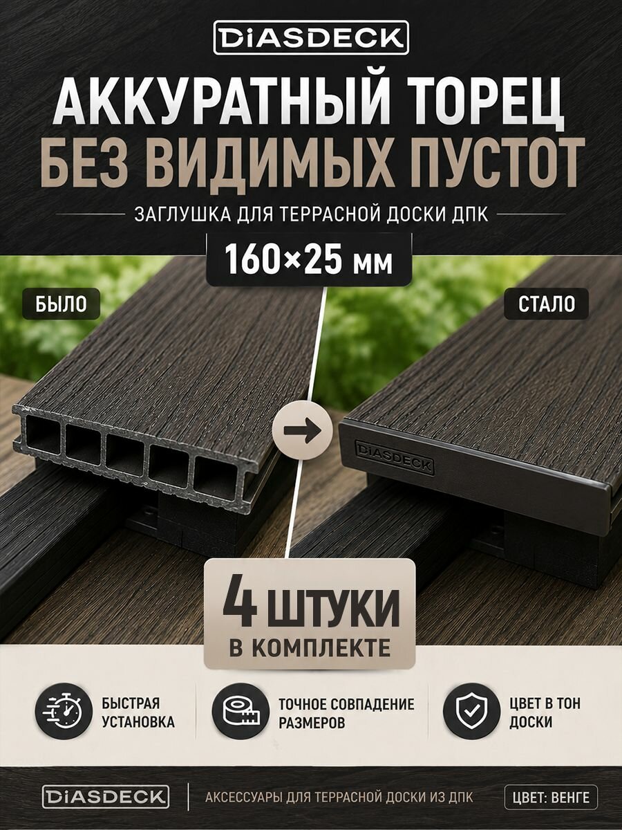 Заглушки DIASDECK, для террасных досок,160х25 мм, комплект 4 штуки, коричневые