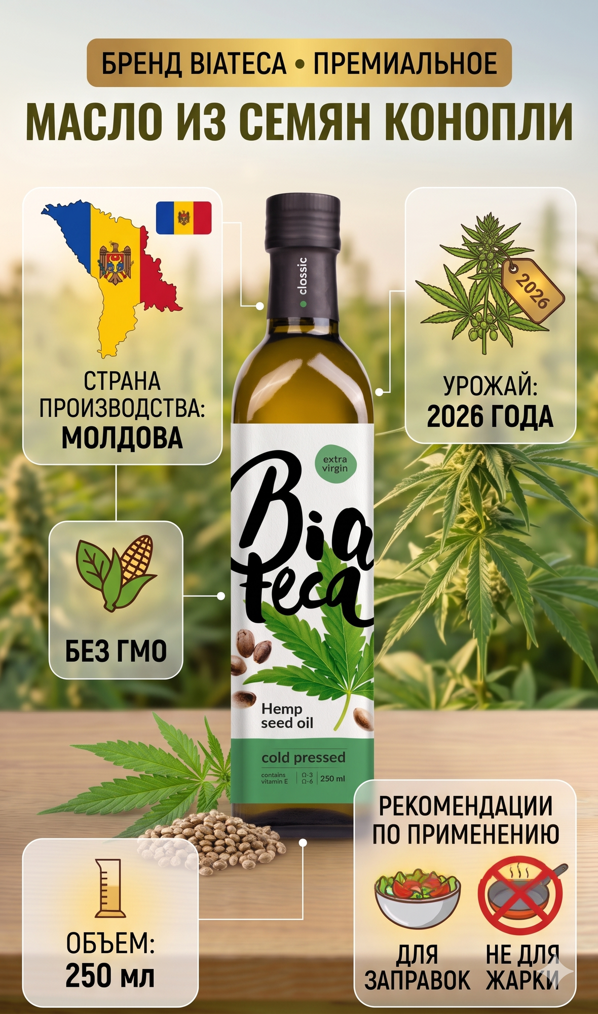 Масло растительное нерафинированное из семян конопли hemp seed oil холодного отжима