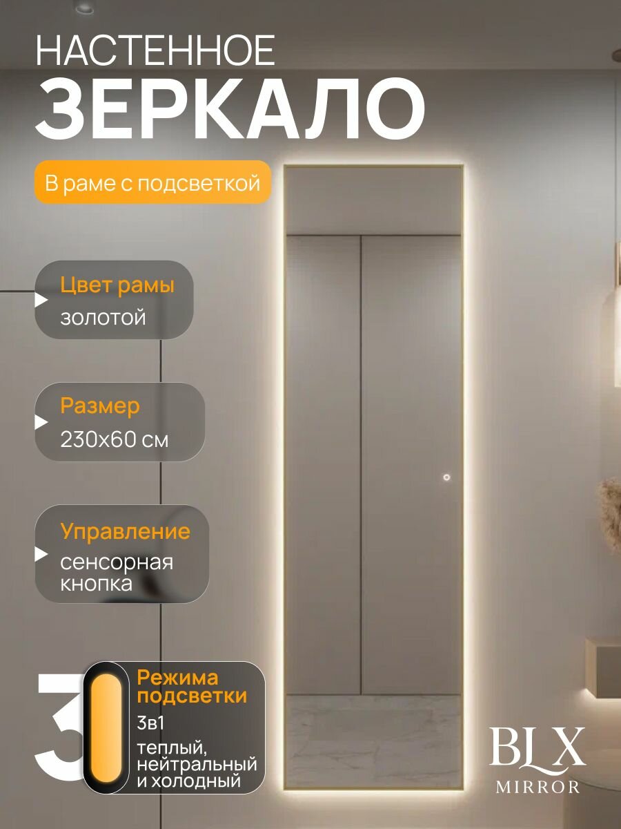 Зеркало настенное 230х60 см. золото с подсветкой сенсорное в алюминиевой раме интерьерное BLX MIRROR