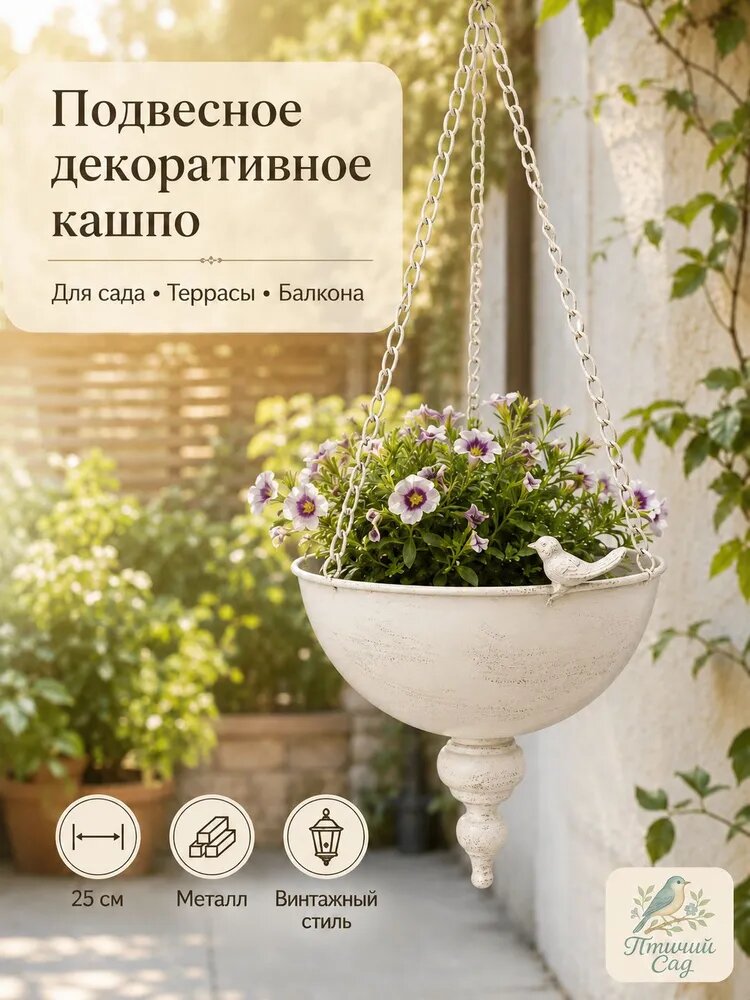Птичий Сад Левитирующий горшок 4 л, 70 см, 1 шт, цвет белый