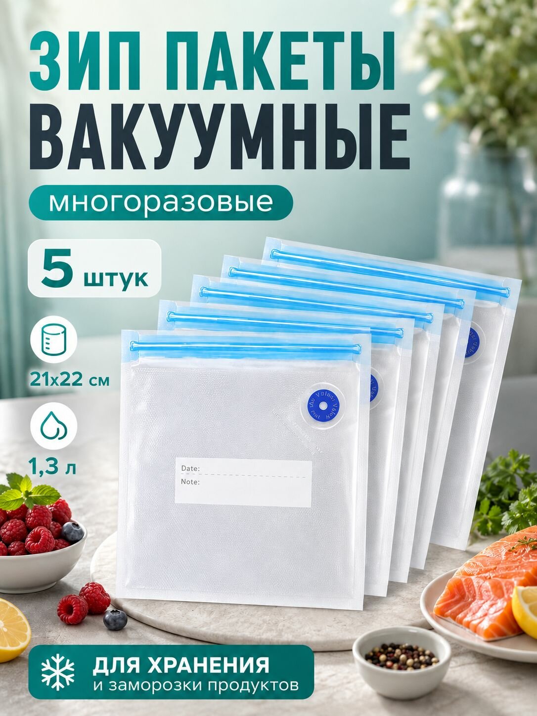 Вакуумные Зип пакеты 5 шт. для продуктов с клапаном многоразовые, 21х22 см (1,3 л), ZIP-пакеты для хранения и заморозки SunKit
