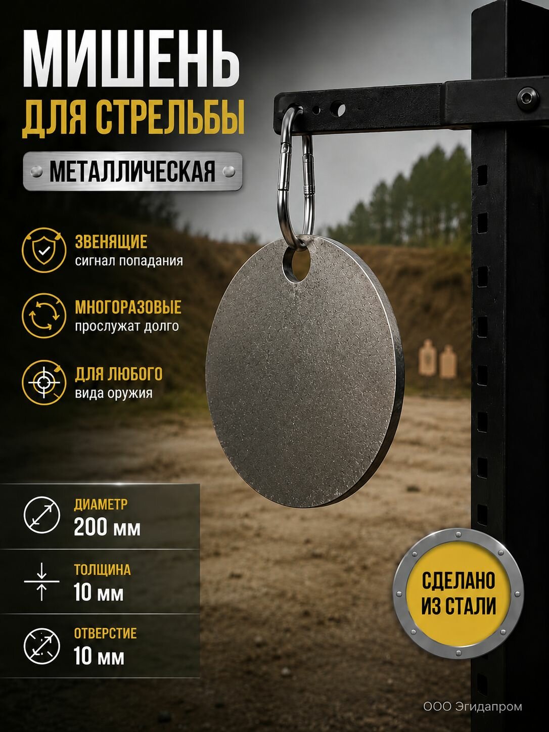 Мишень 200 мм для стрельбы (тип Гонг) металлическая - 10 мм толщина