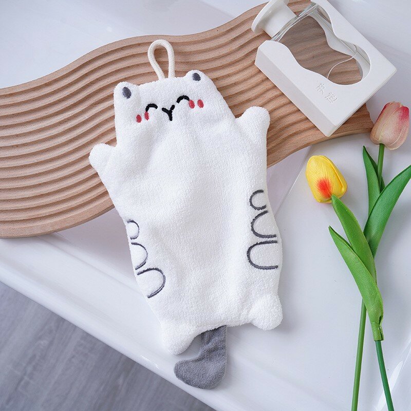 Кухонное полотенце из кораллового флиса с рисунком кота, быстросохнущее, подвесное, белое, универсальное для ванной и кухни