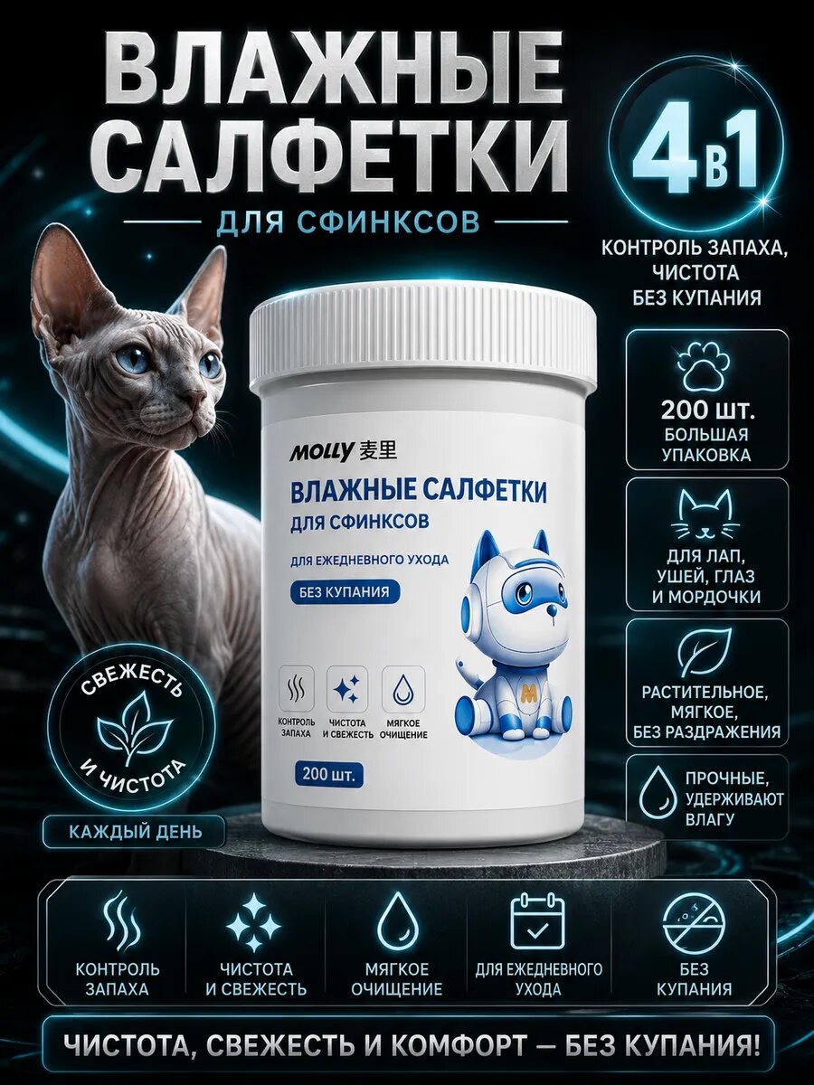 Салфетки для уборки бесшёрстных кошек