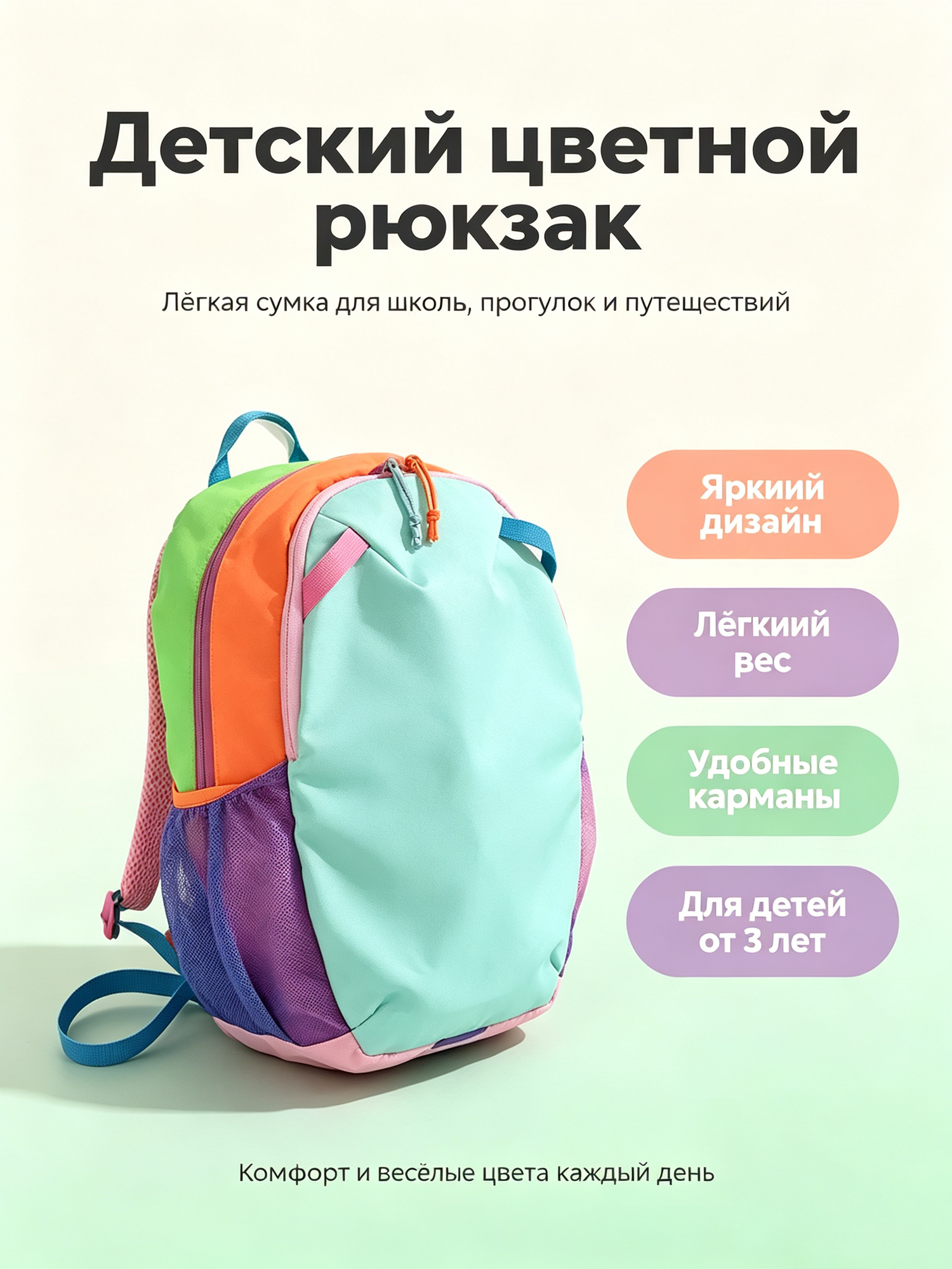 Детский цветной рюкзак, лёгкий, яркий дизайн, удобные карманы, для школы и прогулок, от 3 лет