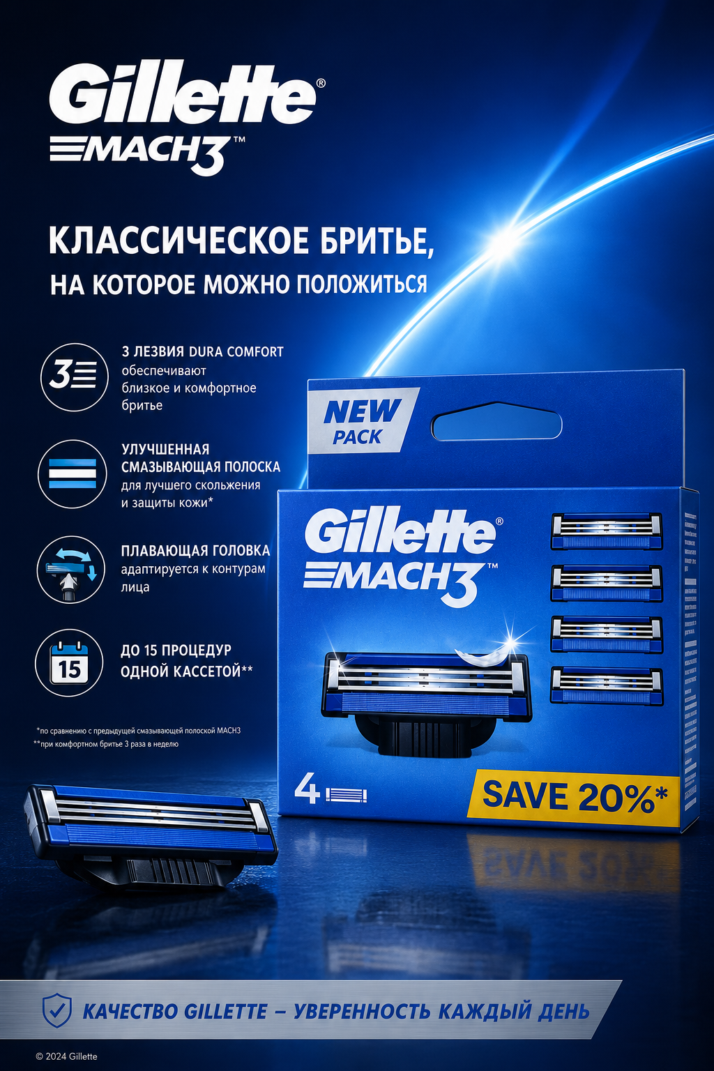 Сменные кассеты для бритья Gillette Mach3 4 штуки, мужские , оригинальные