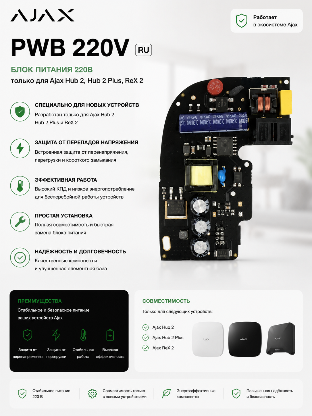 Блок питания 220V PWB только для Ajax Hub 2, Hub 2 Plus, ReX 2