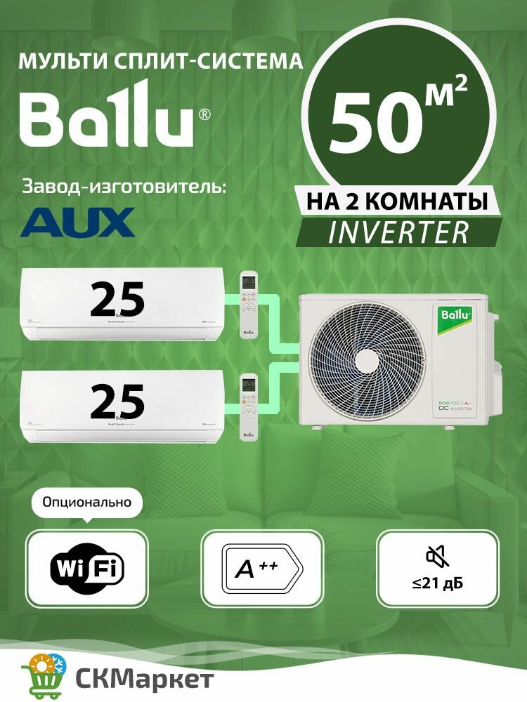 Современная мульти сплит система кондиционер на 2 комнаты (25+25) кв. м. Ballu Platinum Evolution BSUI-FM/in-09HN8/EUх2/ BA2OI-FM/out-18HN8/EU, инверторный кондиционер белого цвета