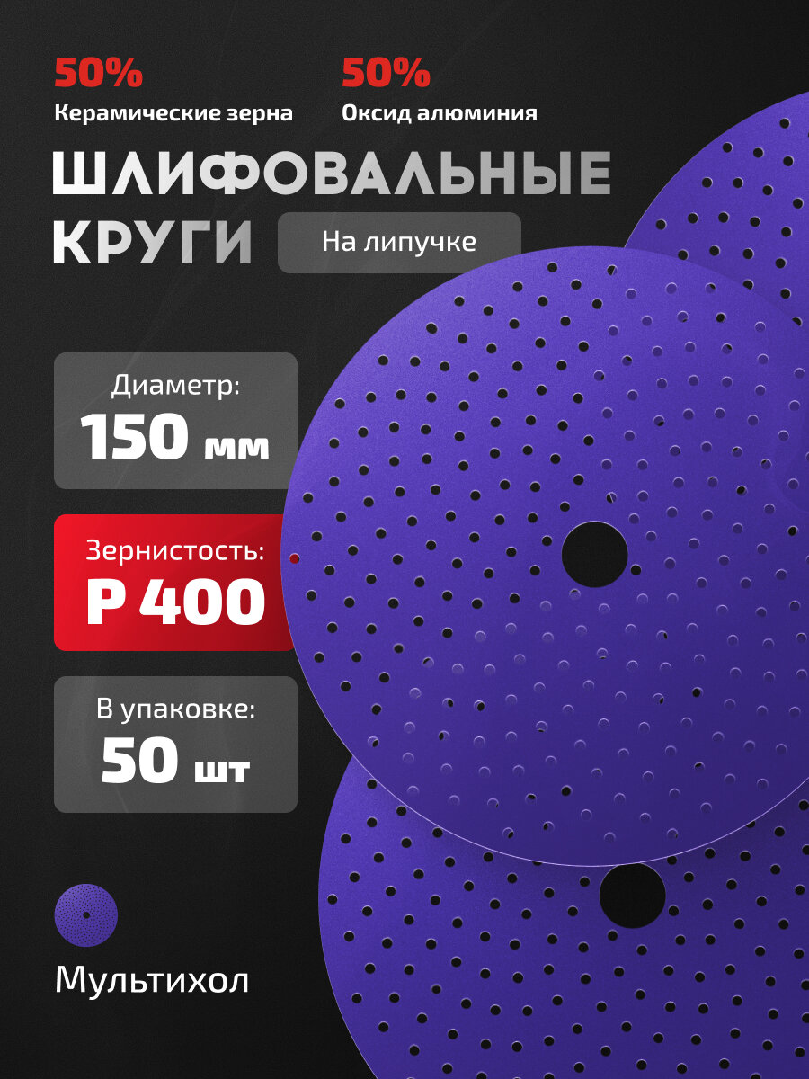 Шлифовальные круги на липучке FORMEL Керамика 150 мм Р400 (50 шт) 50 отверстий бумажная основа, абразивные диски