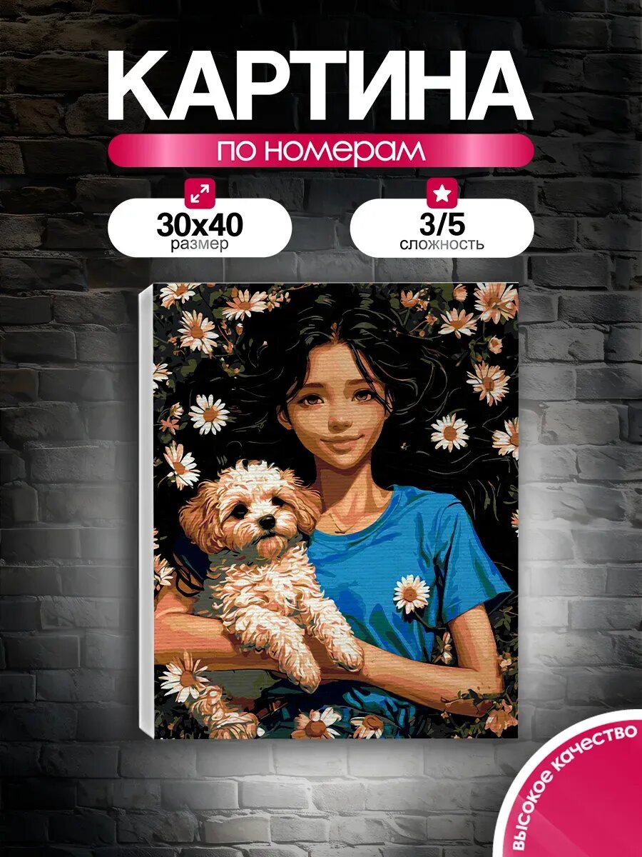 Картина по номерам 30x40 Девочка и собака Ромашковое поле