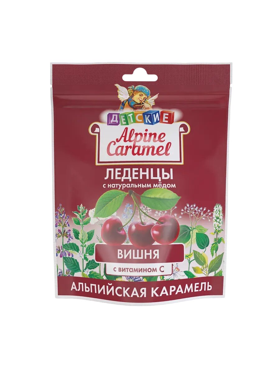 Альпийская Карамель / Alpine Caramel Леденцы детские с натуральным медом и вит С со вкусом Вишни массой 3,3 г пакет 75 г 1 уп