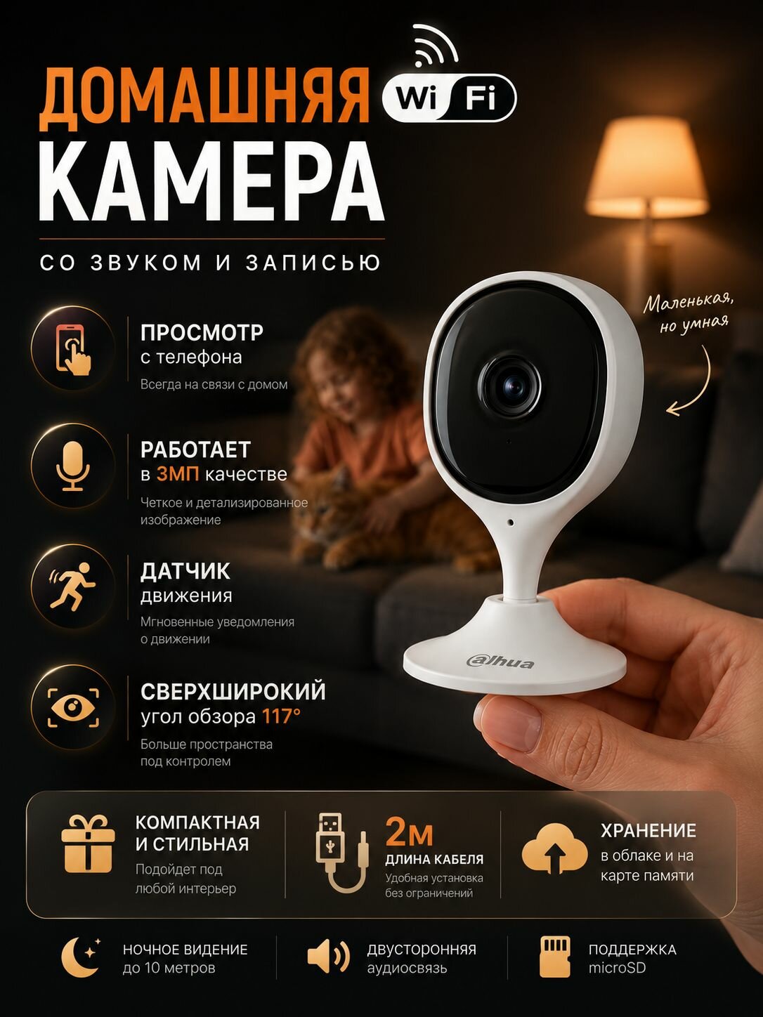 Камера видеонаблюдения wifi для дома, 3 Мп, 2304х1296 Super Full HD, степень защиты IP54, угол обзора 117 градусов, датчик движения, шума, микрофон, ИК-подсветка 10 - DH-C3A