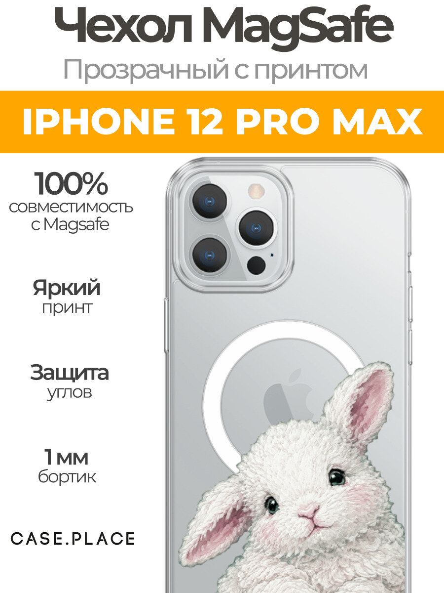Чехол на Айфон 12 Про Макс (Apple iPhone 12 Pro Max) MagSafe с магнитом и принтом "Вышивка с кроликом"