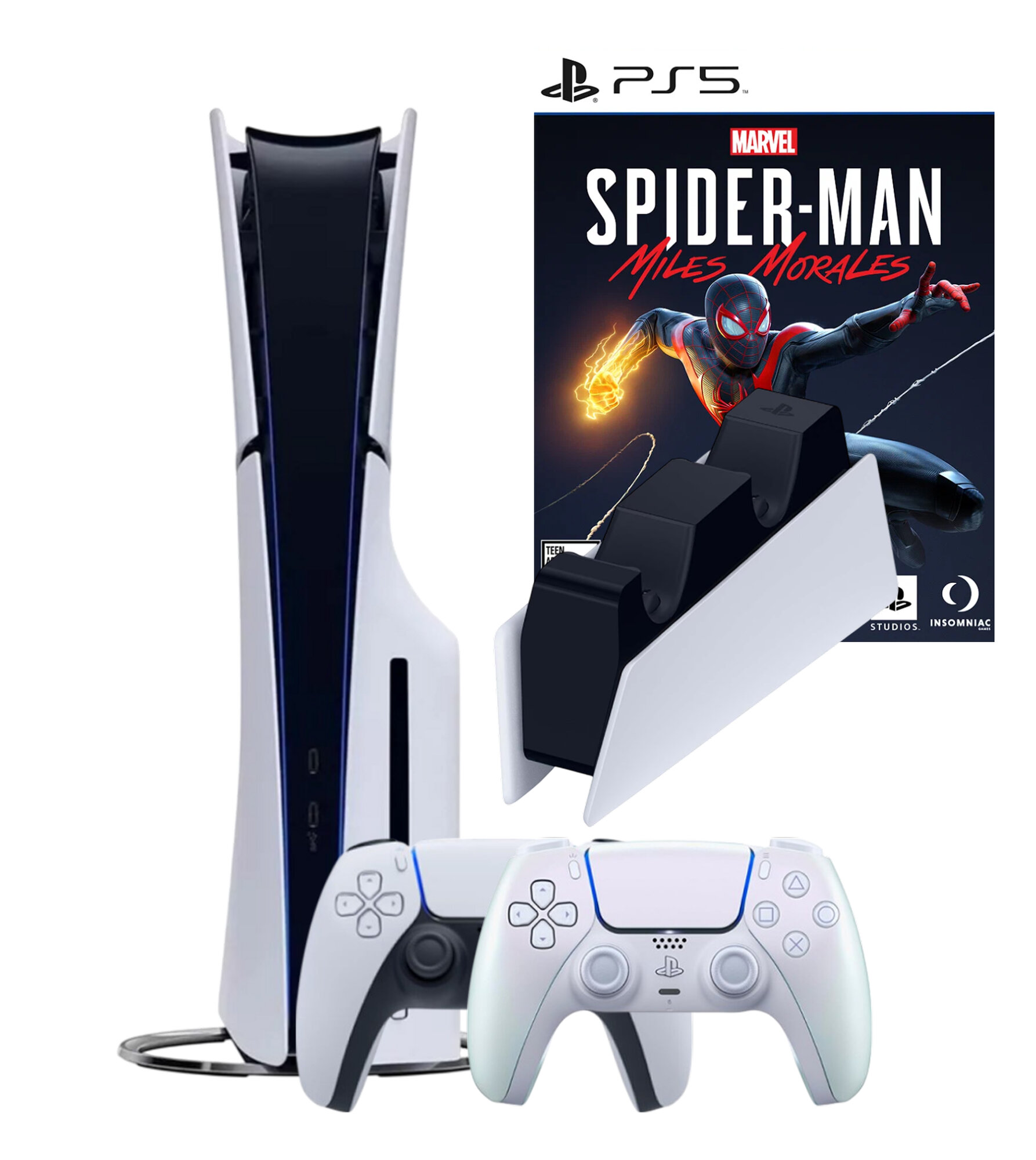 Игровая приставка Sony PS5 Slim + 2й геймпад жемчужный + игра Spider Man Morales + станция зарядки